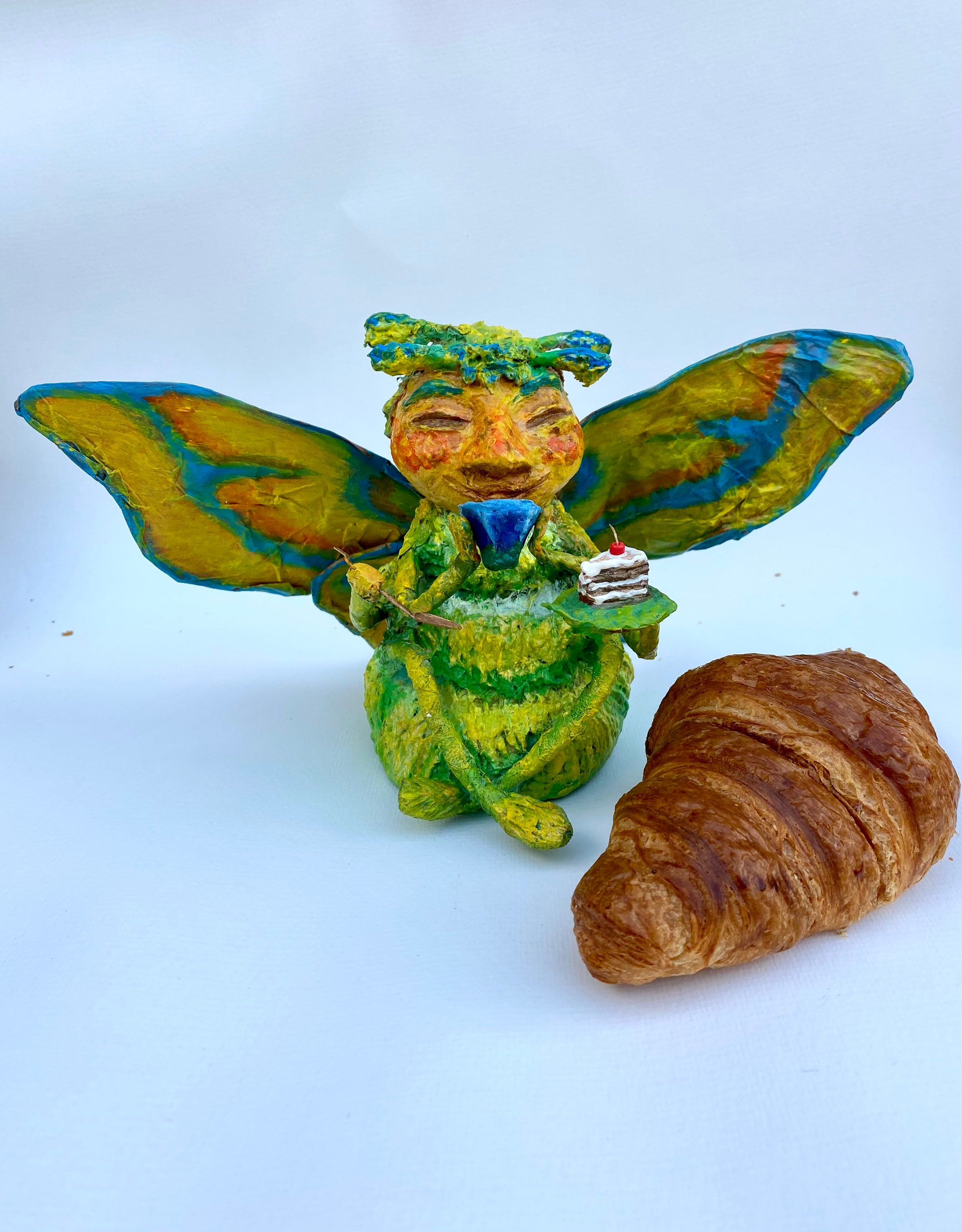 Green Papier Mache Butterfly Figurine Having Tea and Cake Handmade, One ...