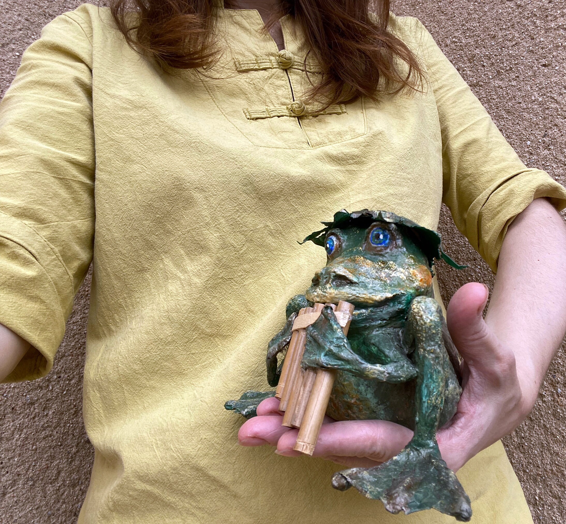 Frog-musician - Paper Mache Animal Figurine Playing on a Pan Flute ...