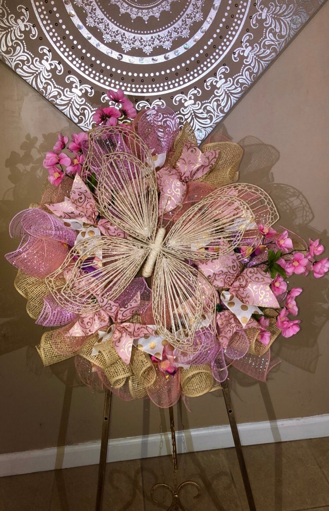 Butterfly Mesh Wreath, Pink & Gold Butterfly Floral Wreath, Butterfly ...