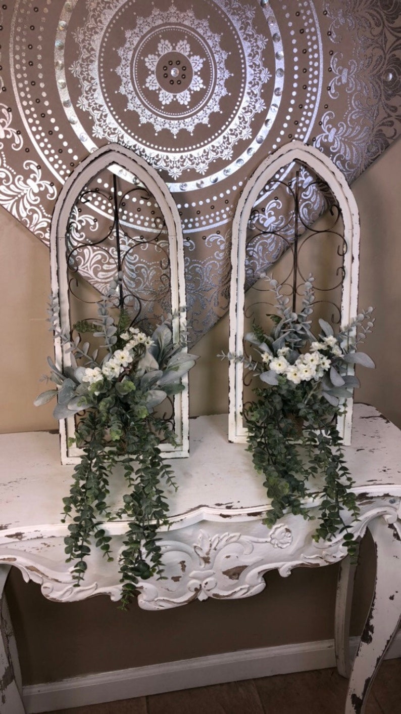 White Wood Rustic Wall Decor, Cathedral Window Frame With Floral ...