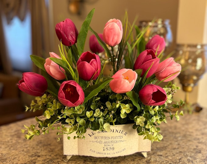 Spring Tulip Arrangement, Easter Decor, Tulip Centerpiece, Spring ...