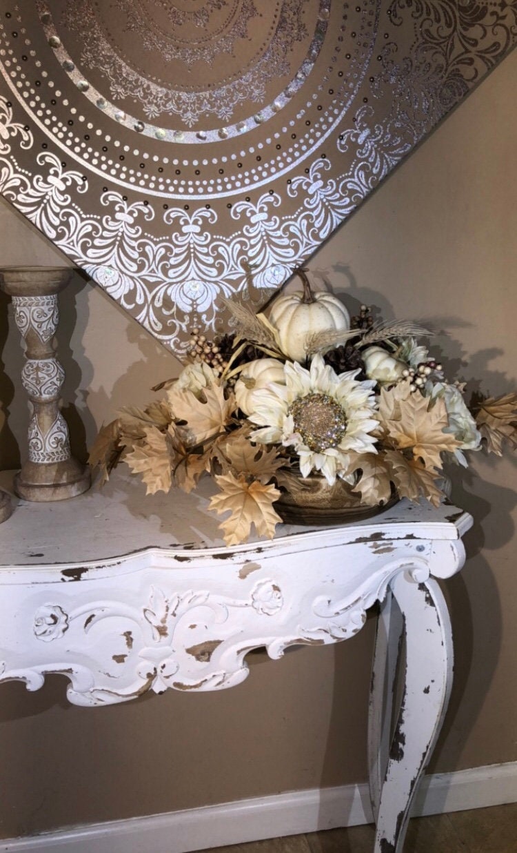 Fall Pumpkin Centerpiece, Fall Beige Floral Arrangement, Wood Bowl ...