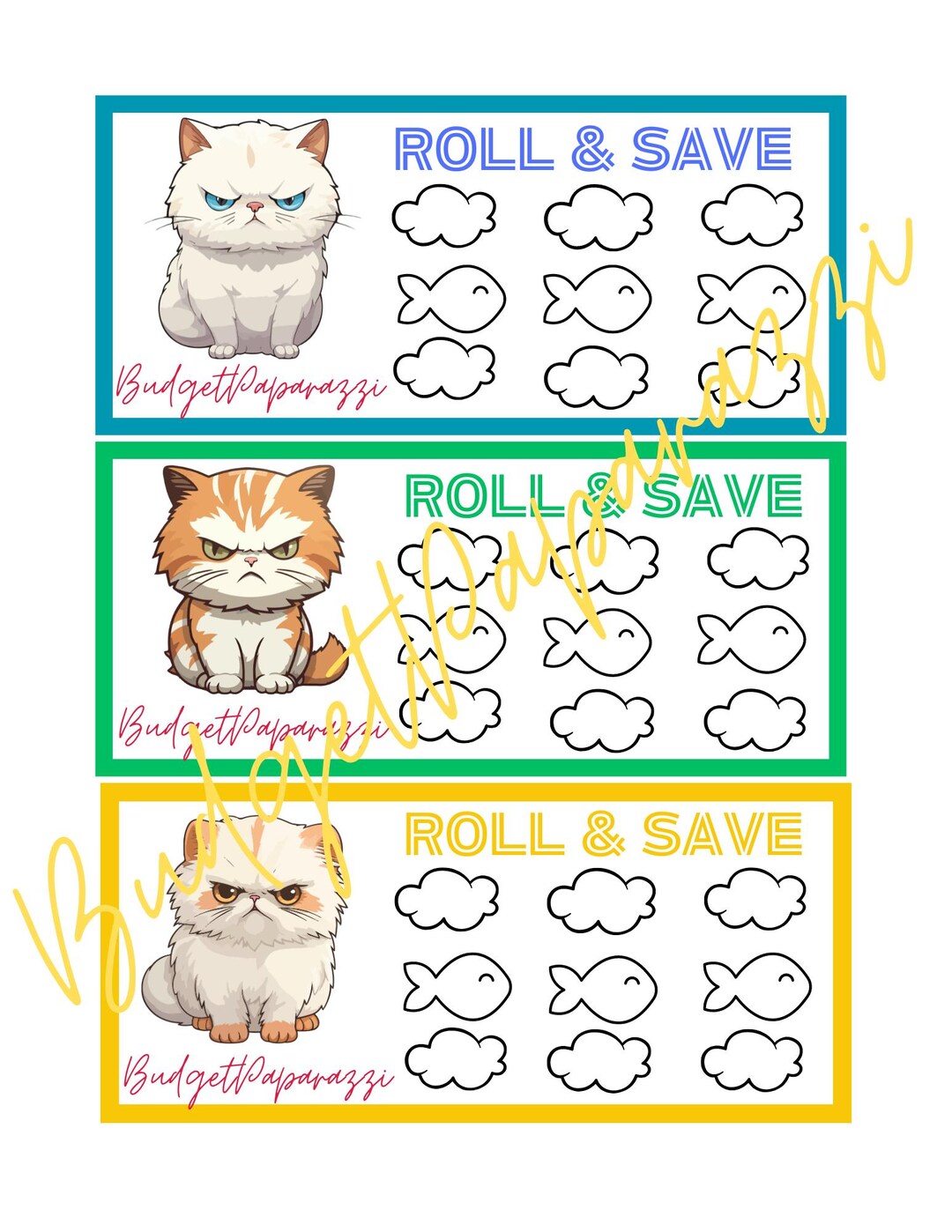 Grumpy Kitty ROLL and SAVE PRINTABLE With Dashboards Blue Green Yellow ...