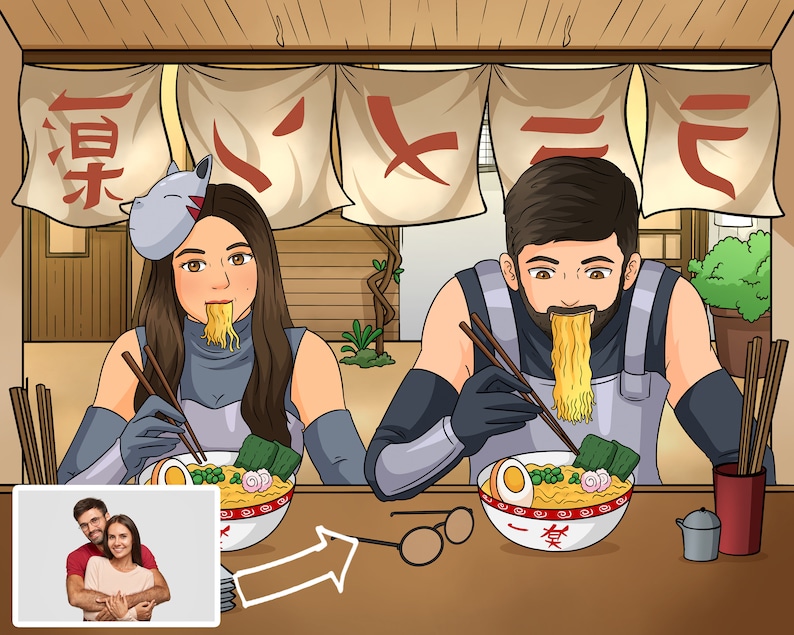Custom Ramen Portrait | Unique Anime Art | Ninja Couple Gift | Custom ...