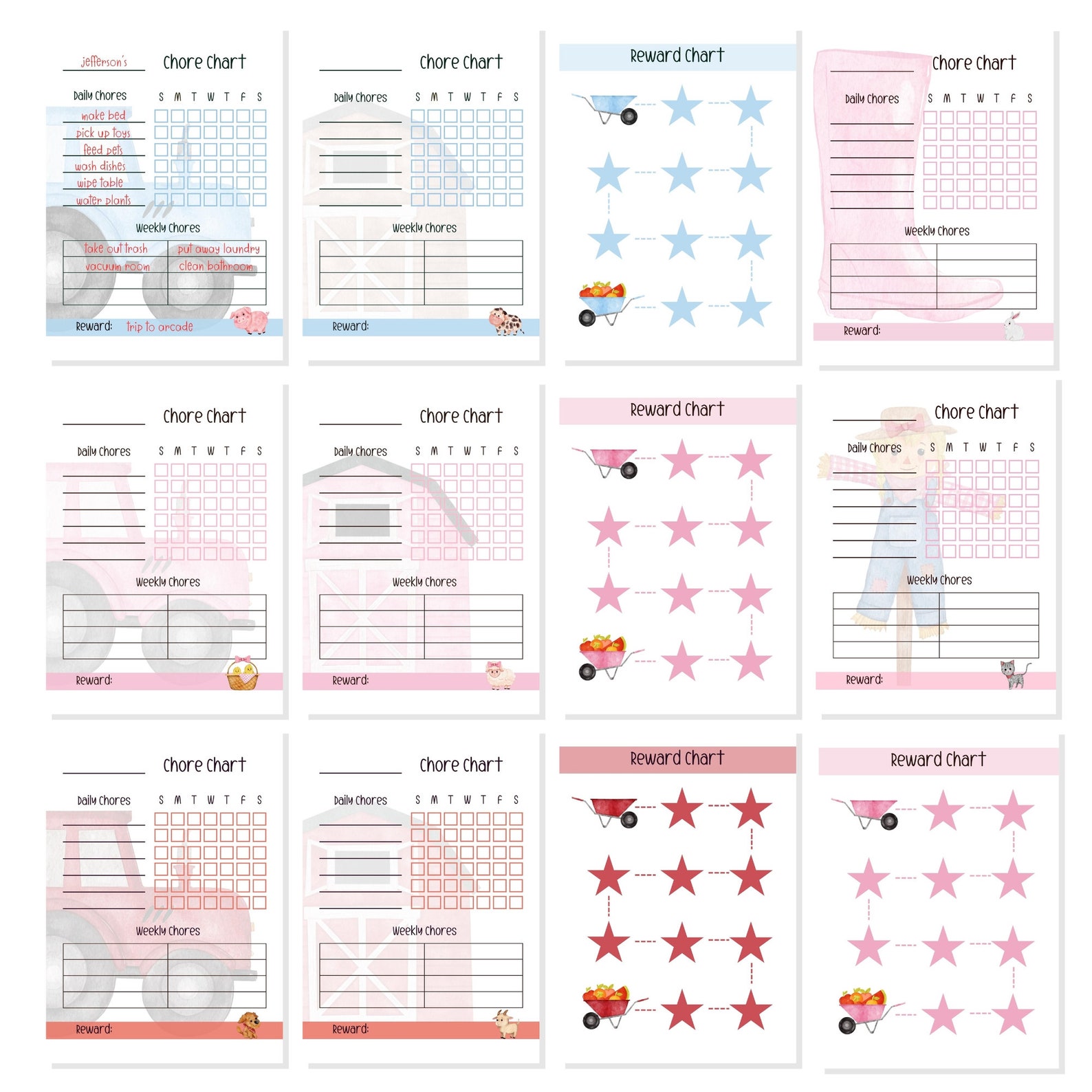 Kids Chore Chart, Cute Chore Chart, Watercolor Chore Chart, Farm Theme ...