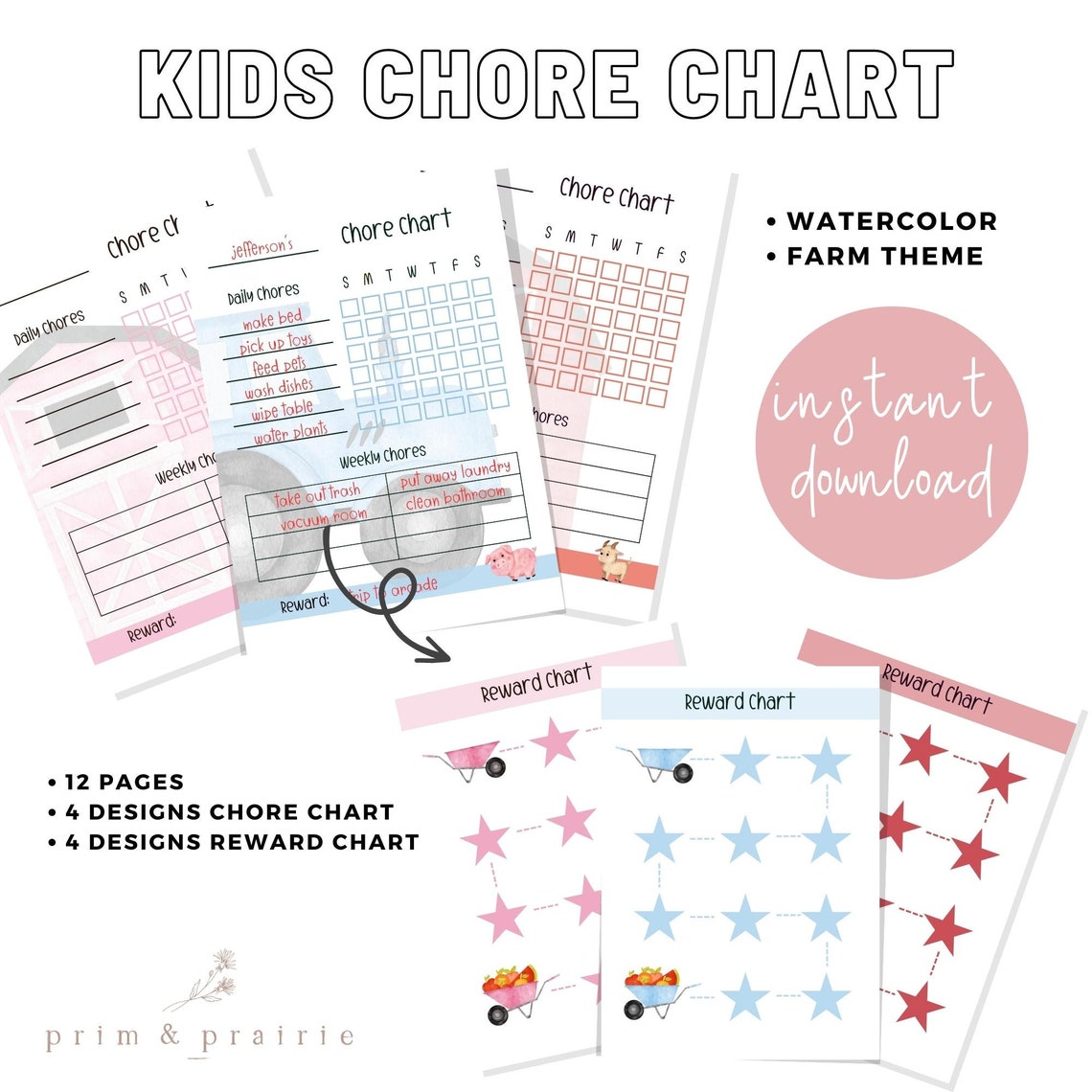 Kids Chore Chart, Cute Chore Chart, Watercolor Chore Chart, Farm Theme ...