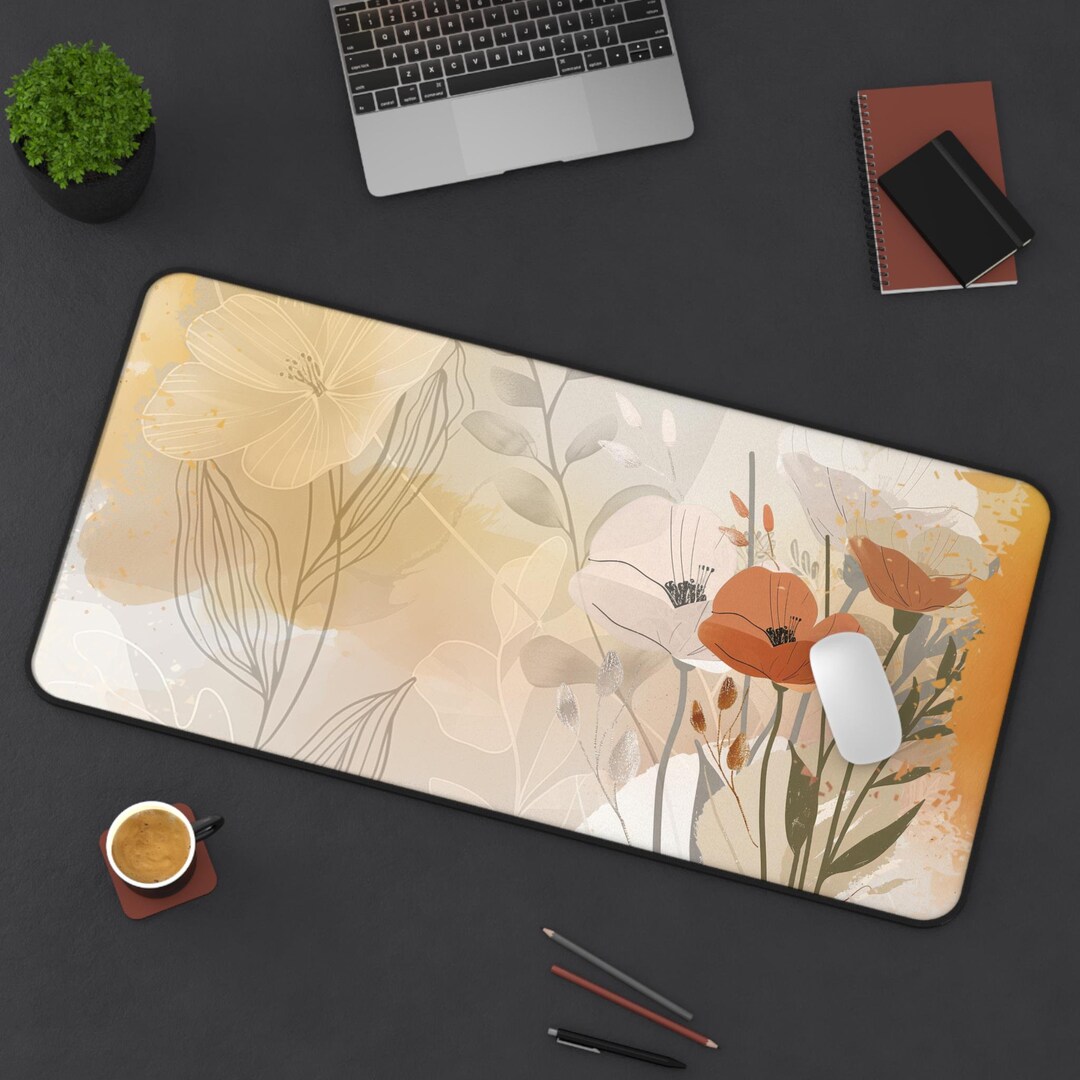 Neoprene Desk Mat in Boho Style With Watercolor Flowers - Home Office ...