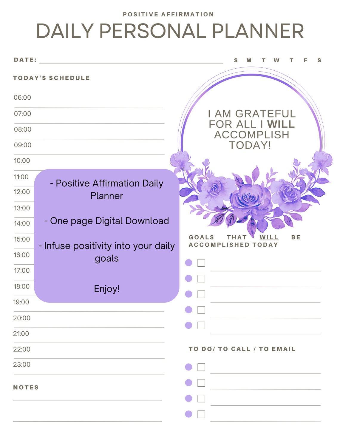 Daily Planner, Positive Affirmation, Instant Download, Goals Planner ...