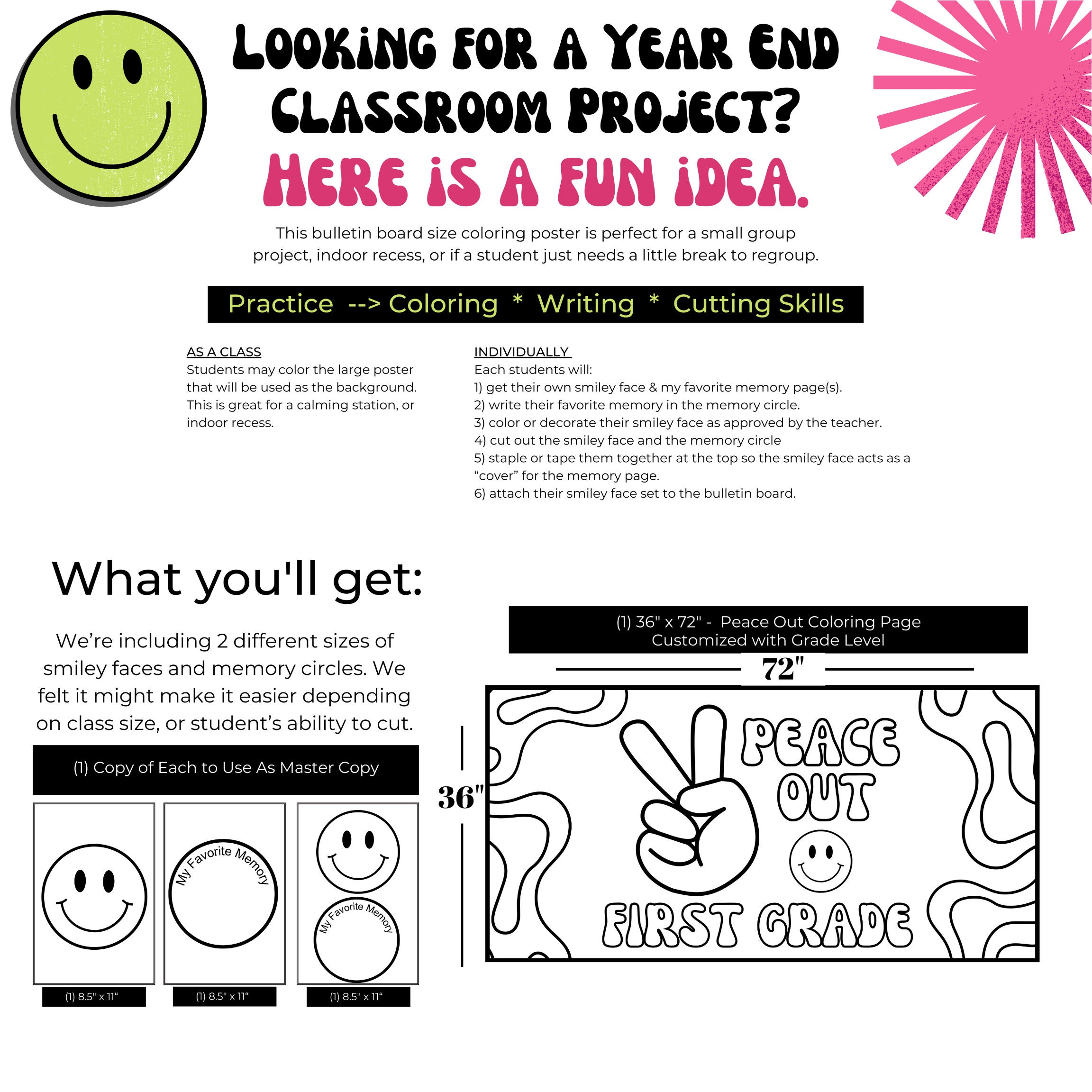 Large Coloring Poster Peace Out Classroom Project Customizable End of ...