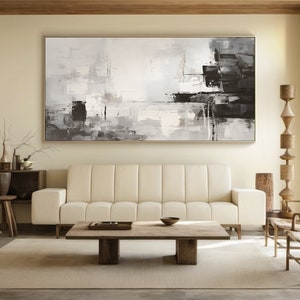 Off-white Abstract Oil Painting, Off-white Handmade Oil Painting, Black ...