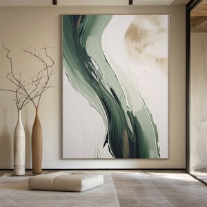 Large White Canvas Abstract Painting, White Minimalist Wall Art, Green ...