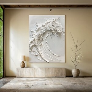 White Wave Abstract Painting, White Minimalist Wall Painting Art, Large ...