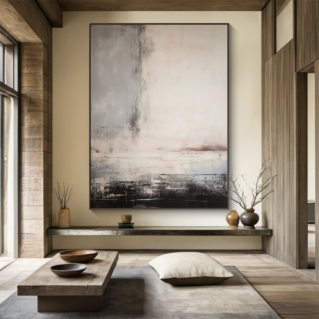 Off-white Abstract Oil Painting, Black Handmade Oil Painting, Grey Wabi ...