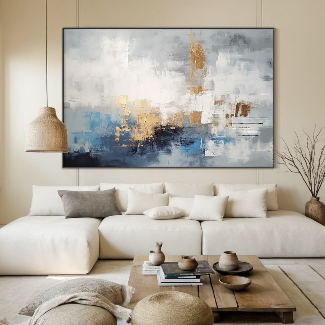 Large Grey and White Canvas Abstract Painting, Blue Minimalist Wall Art ...