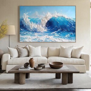 Blue Raging Ocean Waves Abstract Painting, White Texture Art, Blue ...