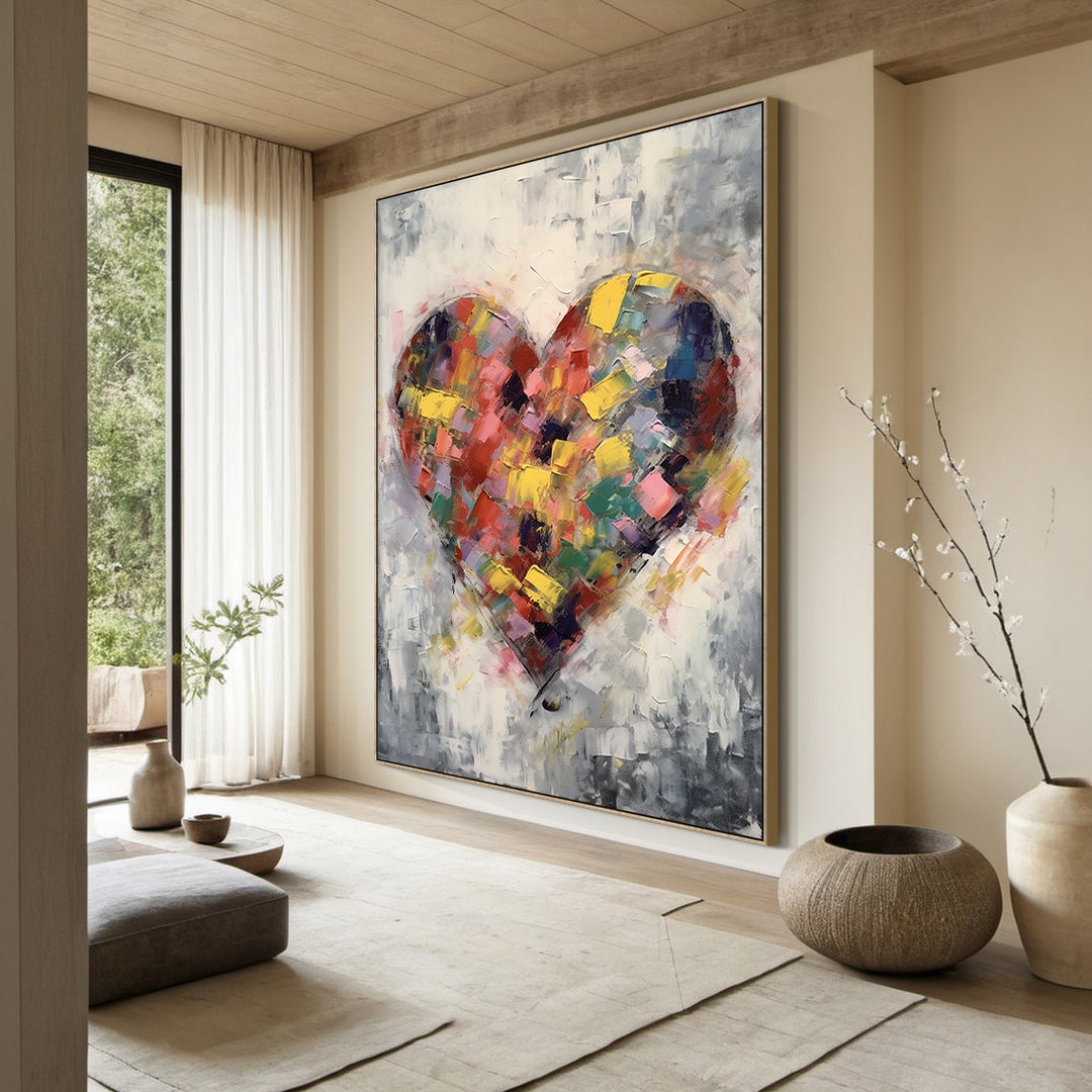 Colorful Heart Abstract Oil Painting, Heart Art, Wabi-sabi Wall ...