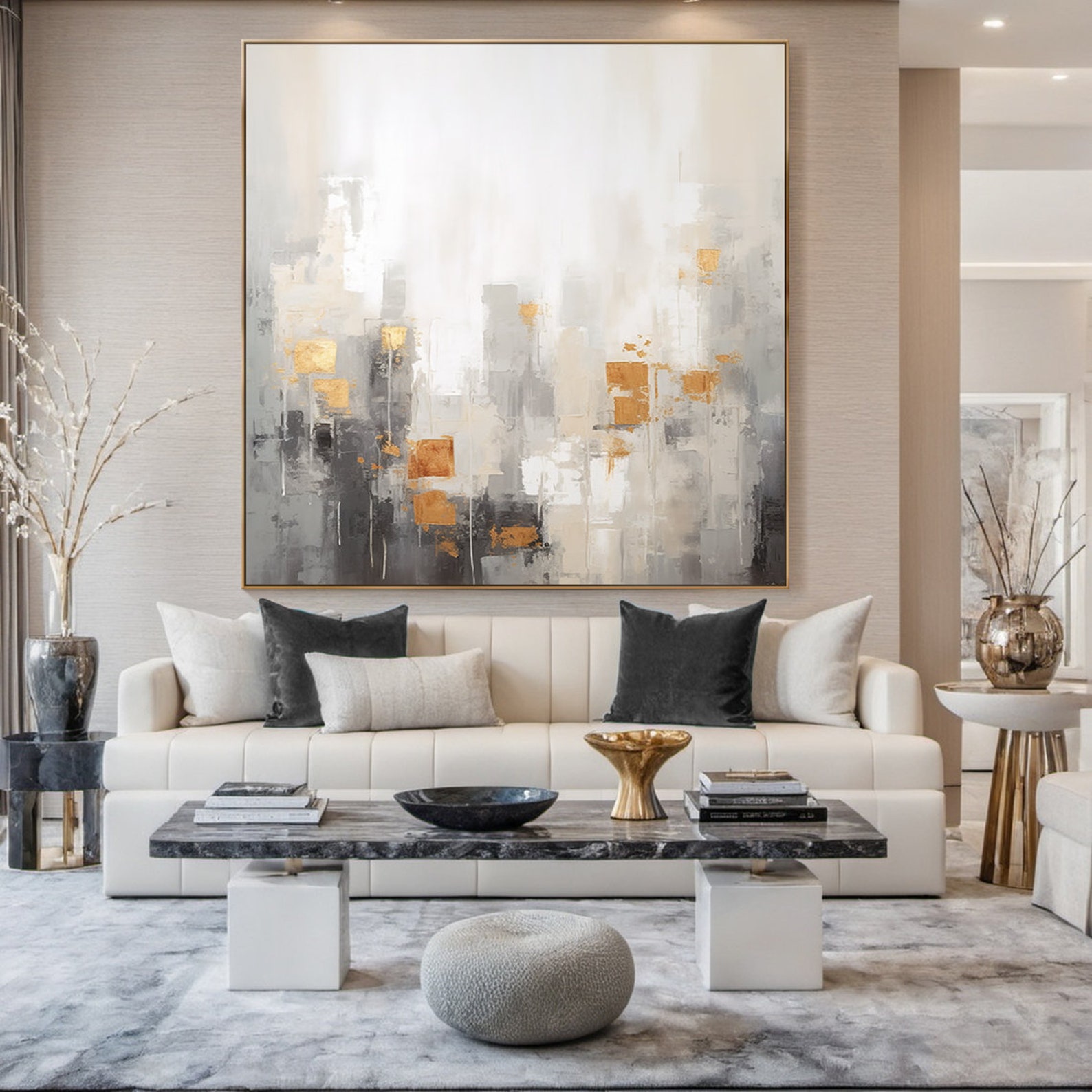 Off-white Abstract Oil Painting, Off-white Handmade Oil Painting, Gold ...