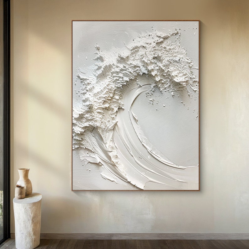 White Wave Abstract Painting, White Minimalist Wall Painting Art, Large ...