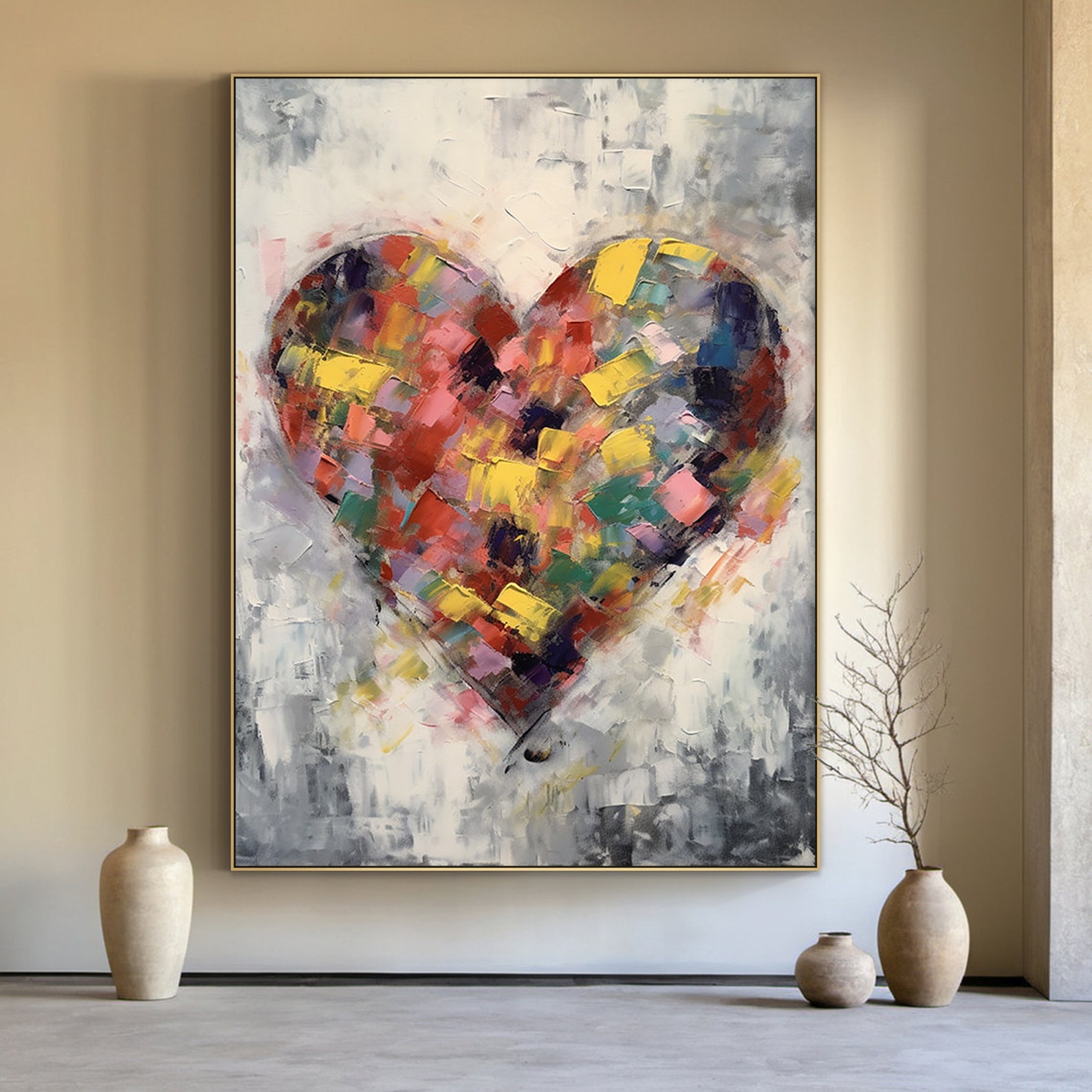 Colorful Heart Abstract Oil Painting, Heart Art, Wabi-sabi Wall ...