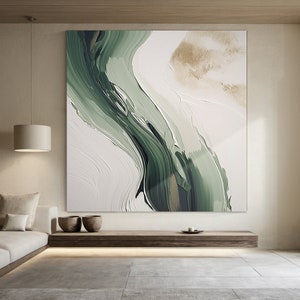 Large White Canvas Abstract Painting, White Minimalist Wall Art, Green ...