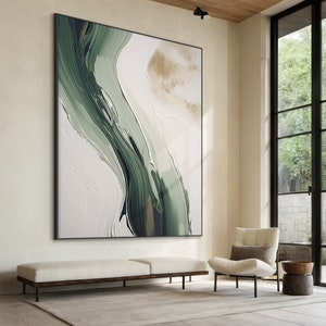Large White Canvas Abstract Painting, White Minimalist Wall Art, Green ...