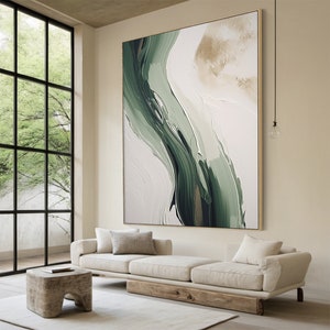 Large White Canvas Abstract Painting, White Minimalist Wall Art, Green ...