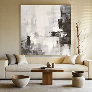 Off-white Abstract Oil Painting, Off-white Handmade Oil Painting, Black ...