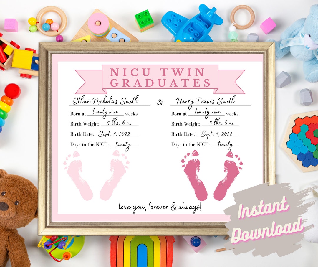 Baby Twin NICU Graduate Pink Certificate for Mom Dad | Footprint ...