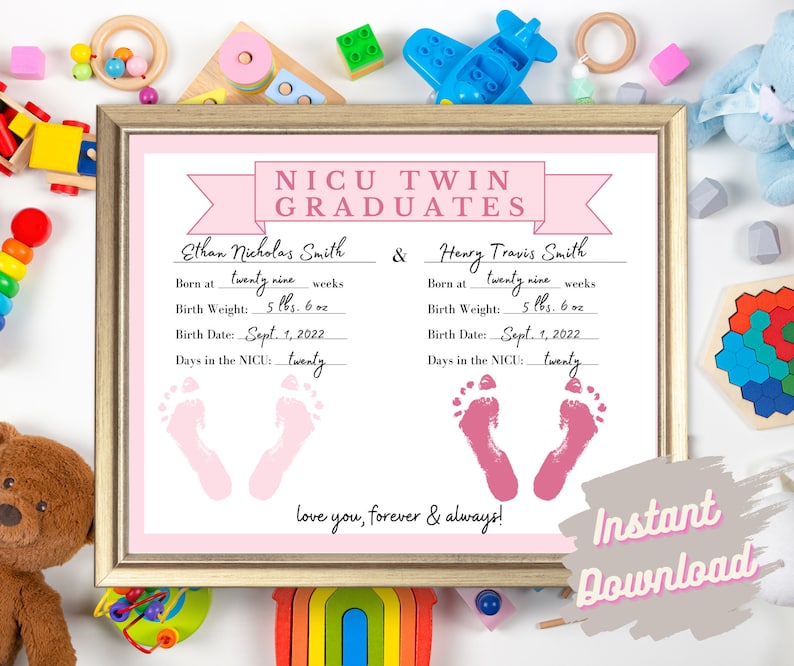 Baby Twin NICU Graduate Pink Certificate for Mom Dad Footprint ...