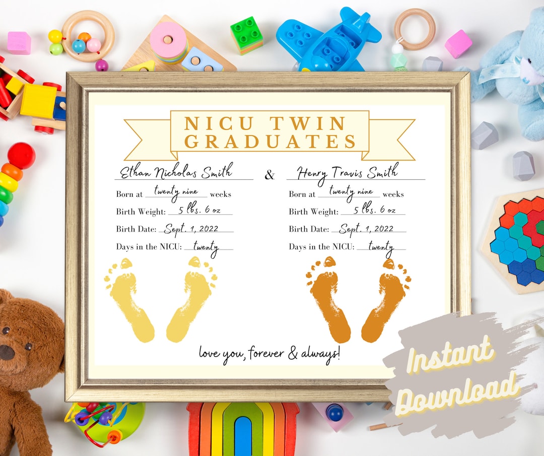 Baby Twin NICU Graduate Certificate for Mom and Dad Footprint Handprint ...
