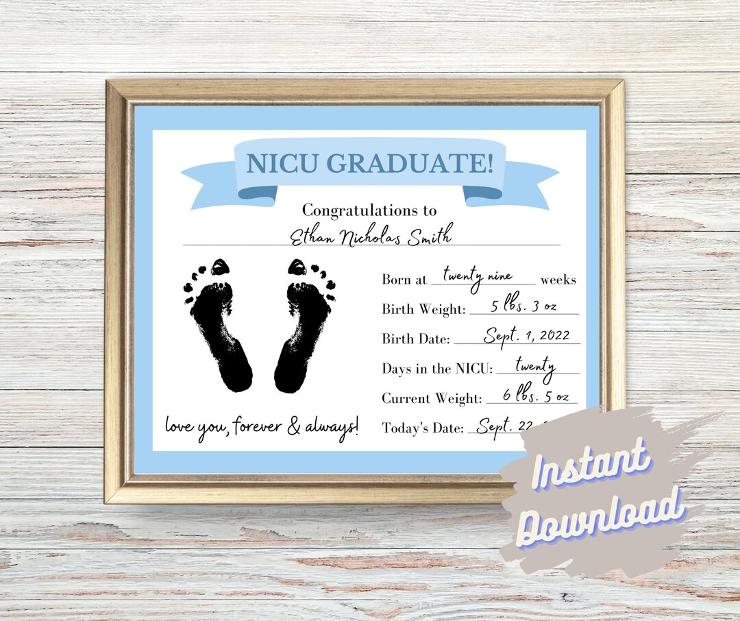 Baby NICU Graduate Blue Certificate for Mom and Dad | Footprint ...