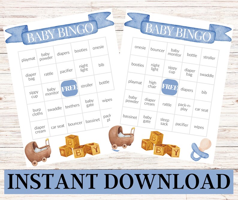 Blue Baby Shower Bingo Baby Shower Games Printable Activities Bingo ...