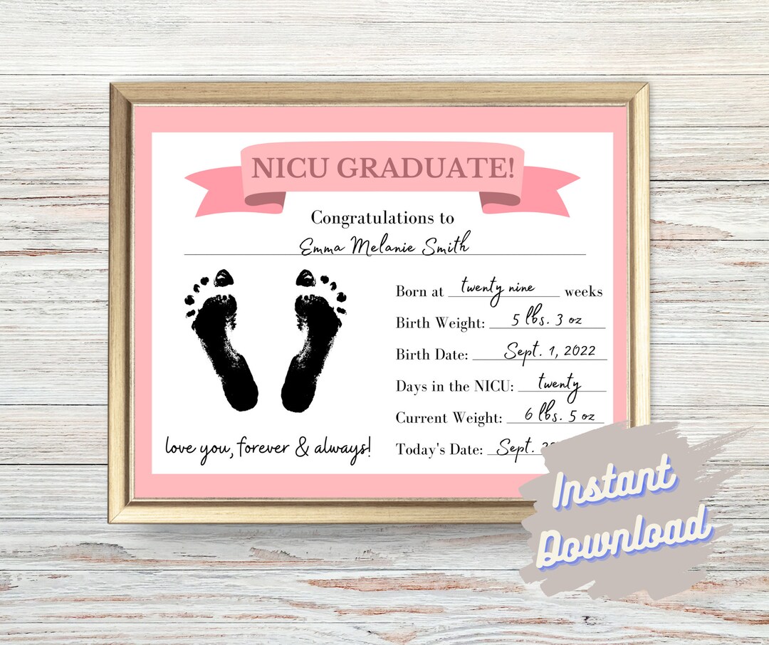 Baby NICU Graduate PINK Certificate for Mom and Dad | Footprint ...
