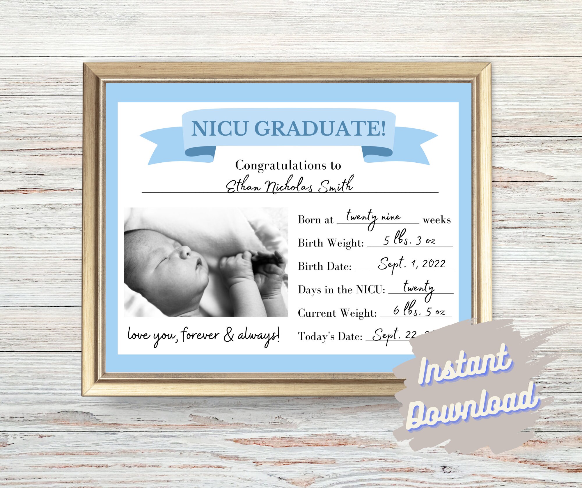 Baby NICU Graduate Blue Certificate for Mom and Dad | Footprint ...