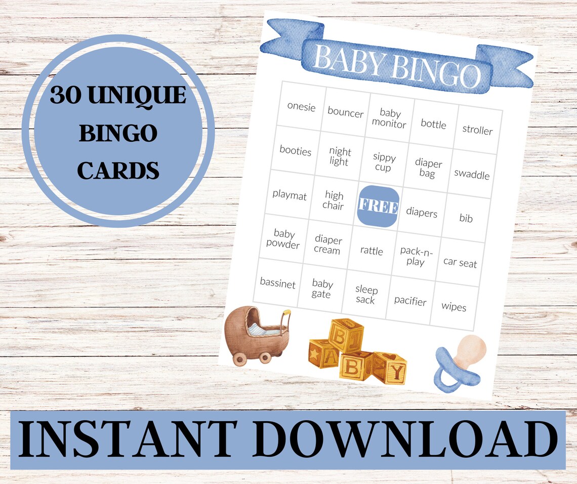 Blue Baby Shower Bingo Baby Shower Games Printable Activities Bingo ...