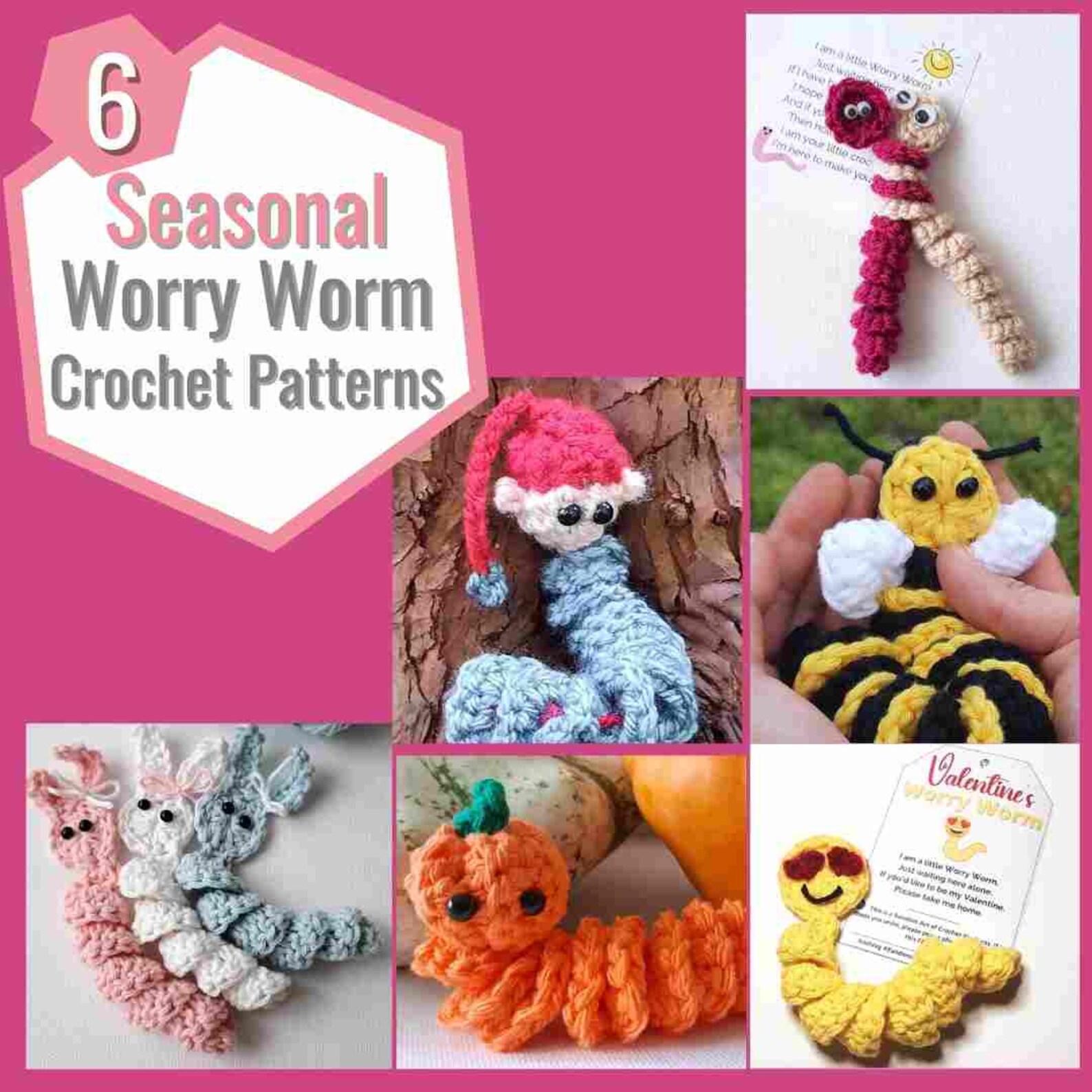 Set of 6 Crochet Worry Worm PATTERNS With Poem Tags - Bunny, Bee, Emoji ...