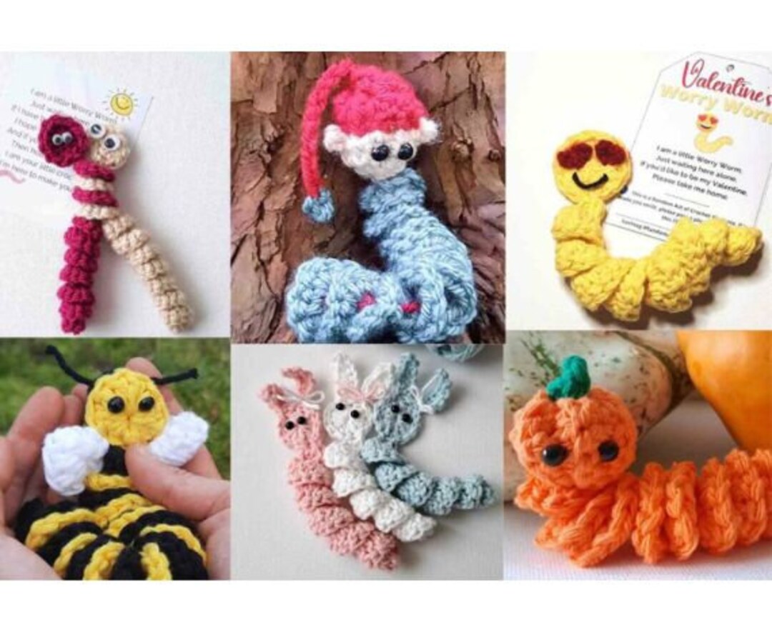 Set of 6 Crochet Worry Worm PATTERNS With Poem Tags Bunny, Bee, Emoji ...