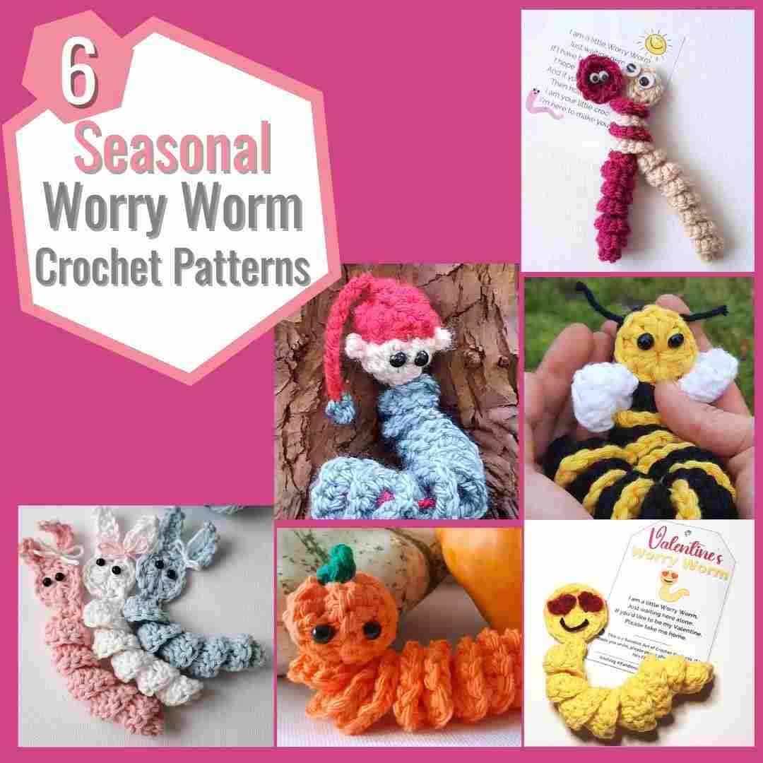 6 Seasonal Worry Worms Crochet Patterns Bundle | Crocheted Worry Worm ...