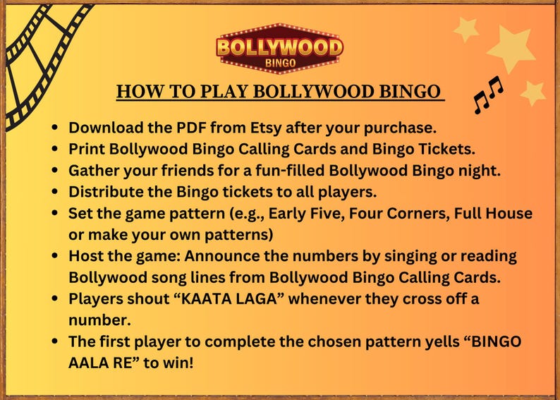 Bollywood Bingo Instant Download | Fun Game With Bollywood Song Lyrics ...