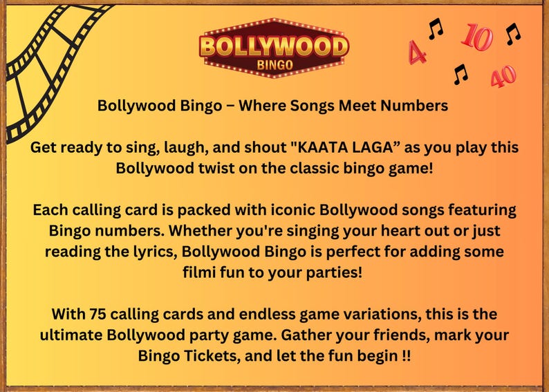 Bollywood Bingo Instant Download | Fun Game With Bollywood Song Lyrics ...