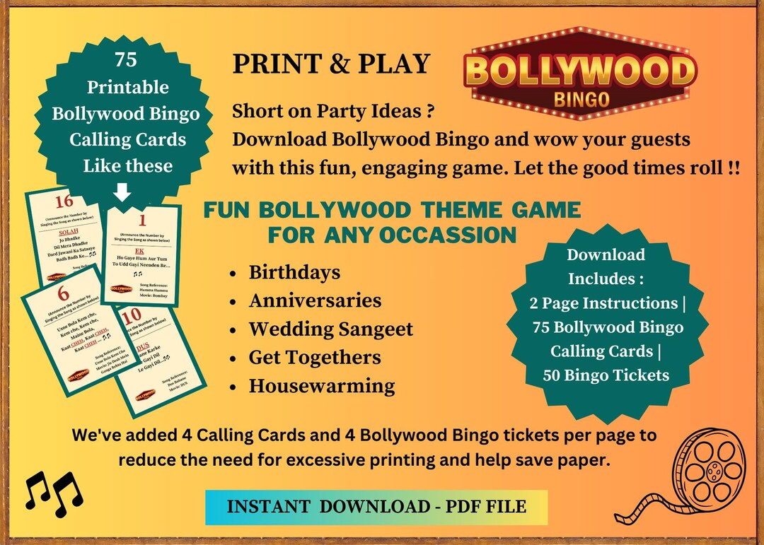 Bollywood Bingo Instant Download | Fun Game With Bollywood Song Lyrics ...