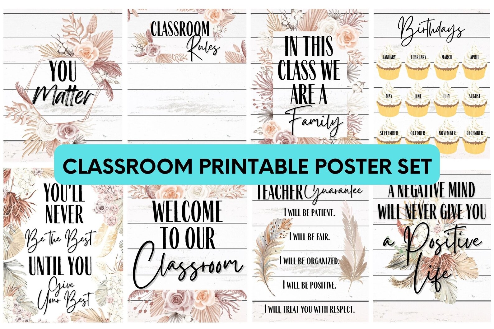 DIGITAL FILE Set of 8 Boho Floral Farmhouse Classroom Printable Posters ...
