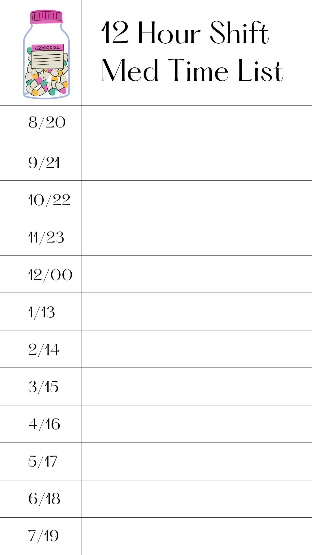 12 Hour Shift Medication Time Organizer - Etsy