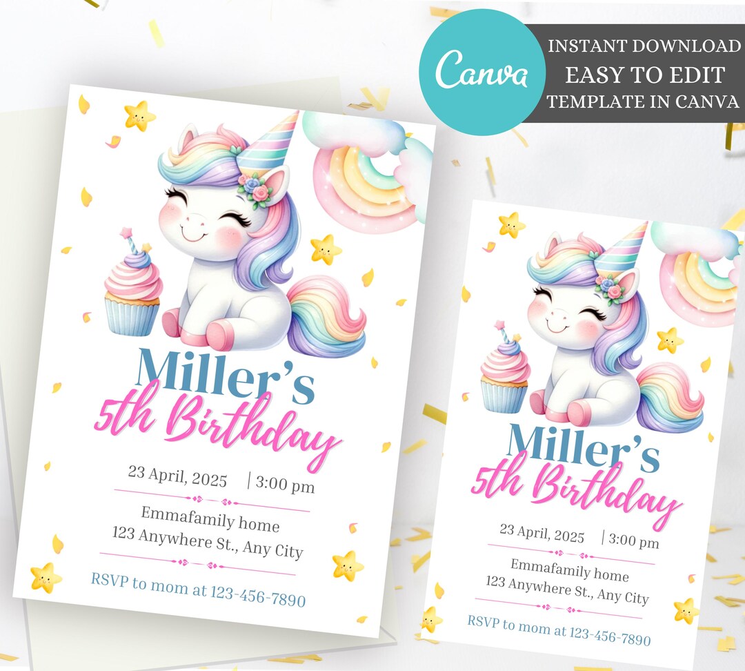 Editable Rainbow Unicorn Birthday Invitation | Sparkle Party (instant ...