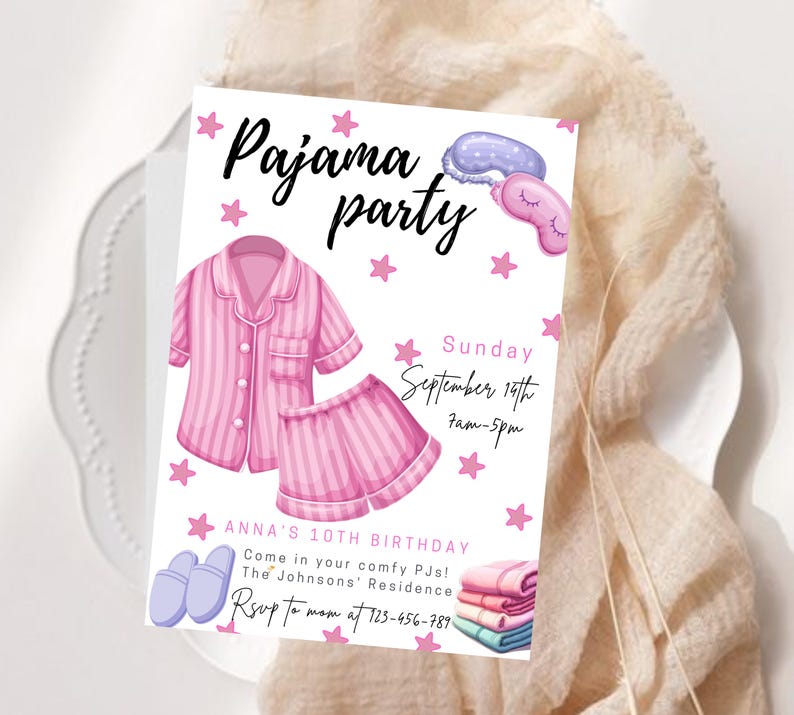 Editable Panjama Party Invitation, Sleepover Party Invitation Template ...
