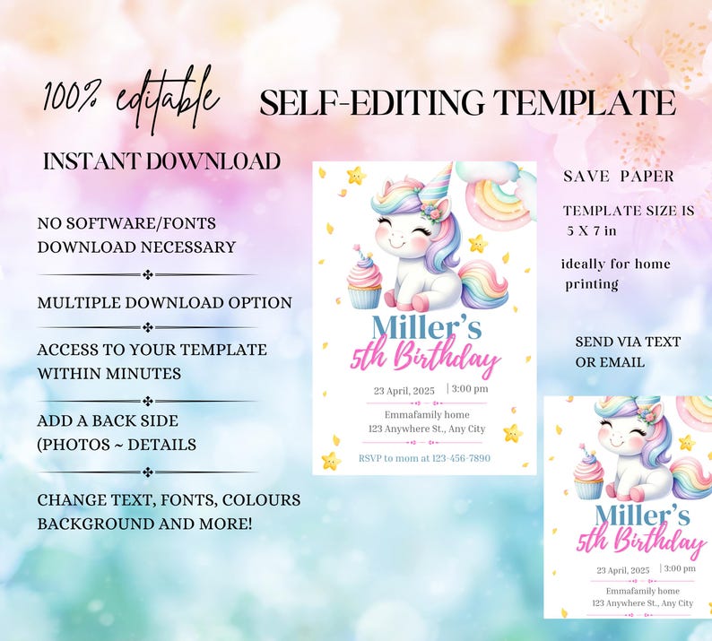Editable Rainbow Unicorn Birthday Invitation | Sparkle Party (instant ...