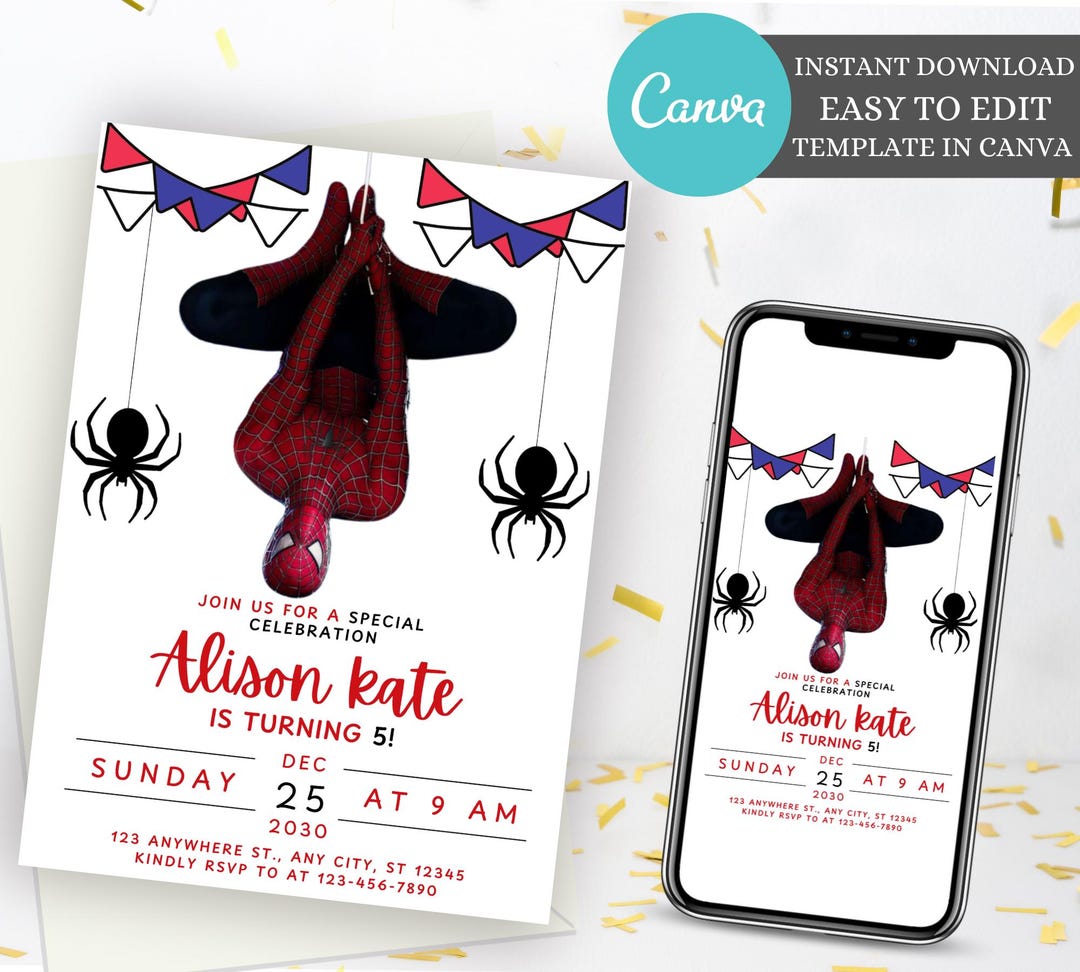 Editable Spiderman Birthday Invitation | Superhero Party (canva 5x7 ...