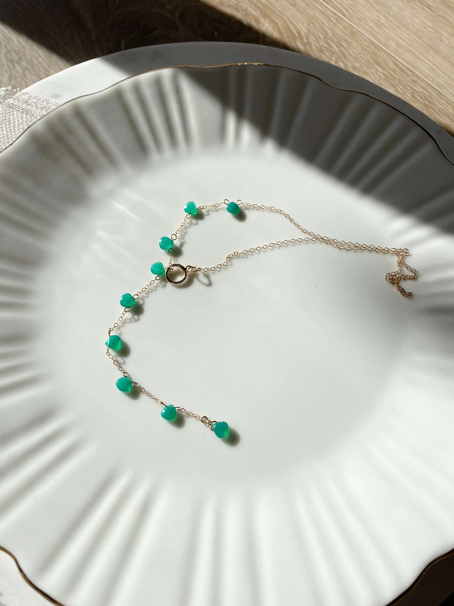 Dainty 14k Gold Filled Lariat Necklace, Green Onyx Gemstone Y Pendant ...