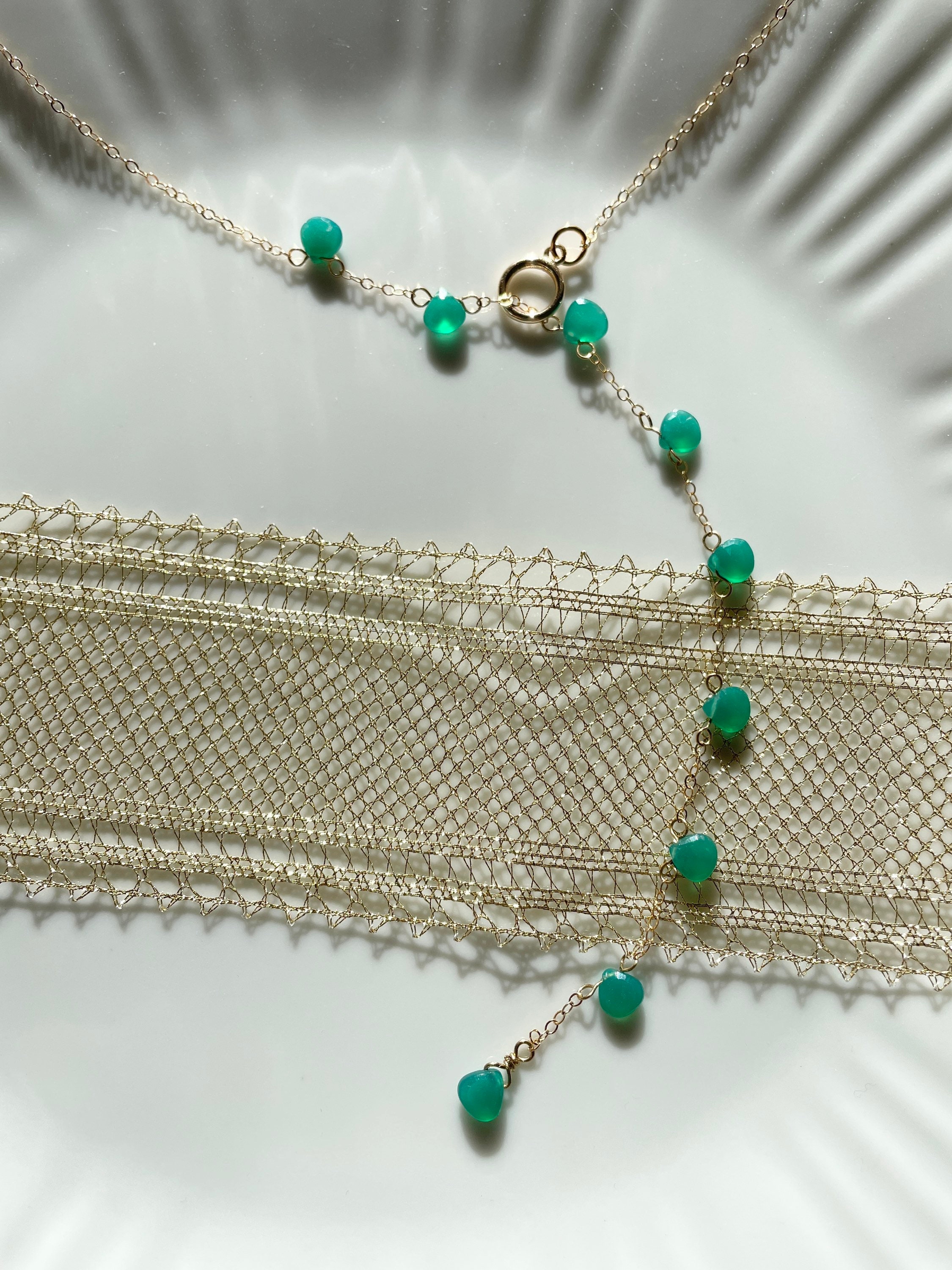 Green Dainty Chain Lariat Necklace, Green Stone Necklace, Gold Filled ...
