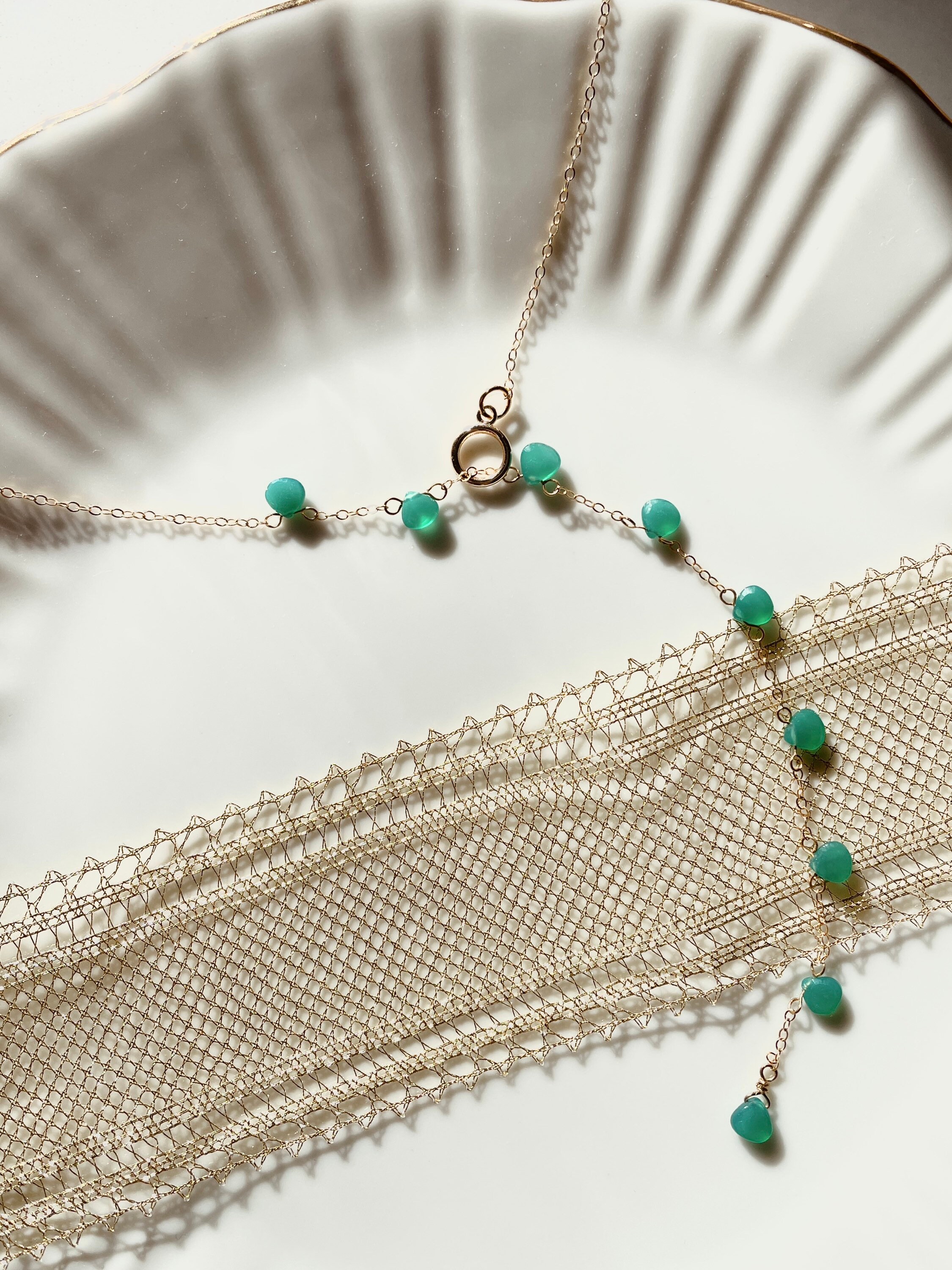 Green Dainty Chain Lariat Necklace, Green Stone Necklace, Gold Filled ...